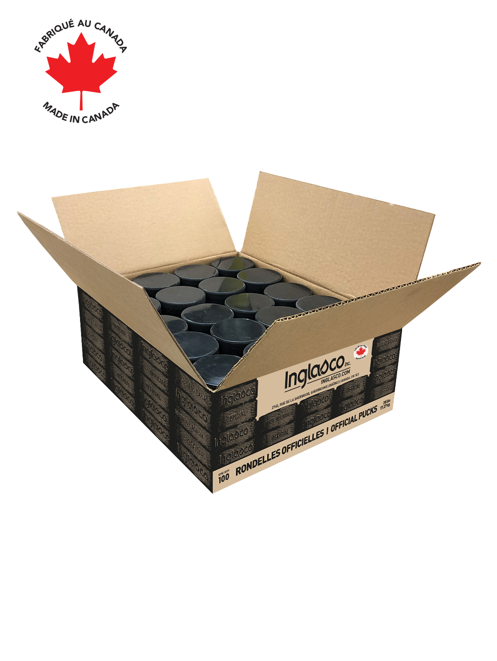 Box Of 100 Official Canadian Pro 6oz Hockey Pucks — Inglasco